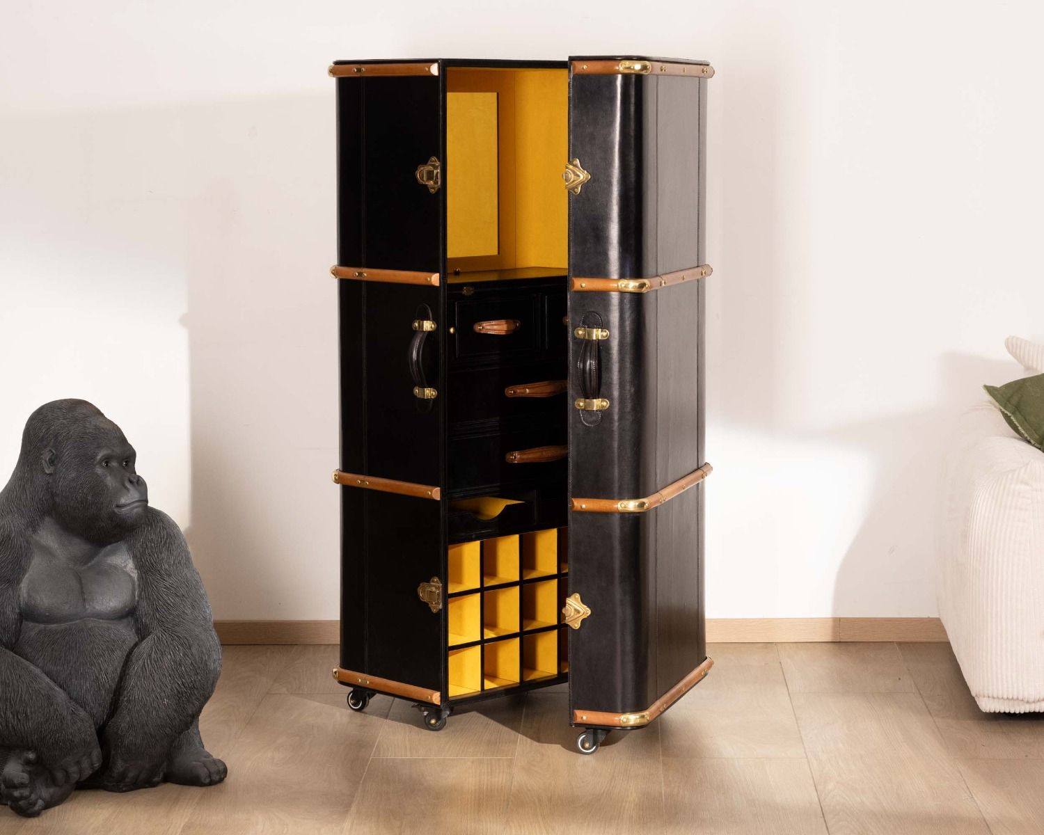 Meuble de bar sur roulettes en forme de mallette en cuir "Mayfair" - 9923