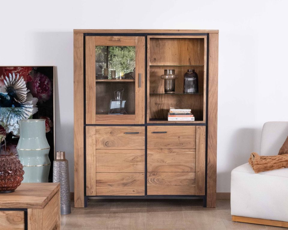 Vaisselier contemporain acacia massif et verre "Fantaisie" - 9677
