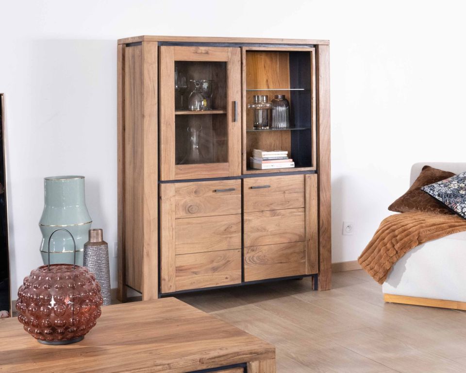 Vaisselier contemporain acacia massif et verre "Fantaisie" - 9677