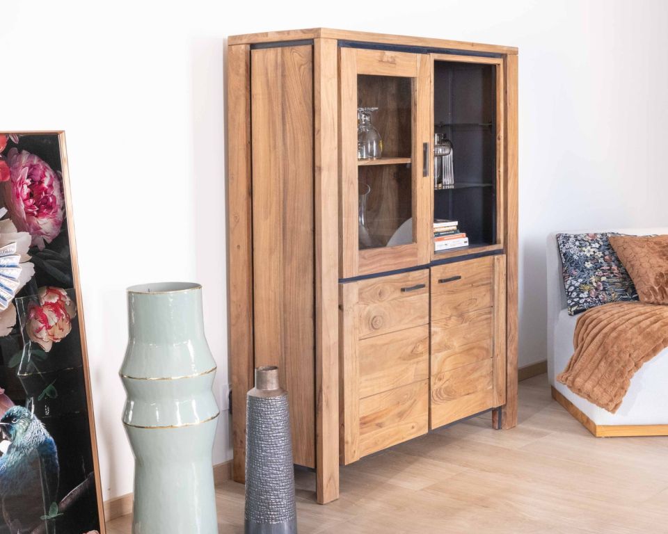 Vaisselier contemporain acacia massif et verre "Fantaisie" - 9677