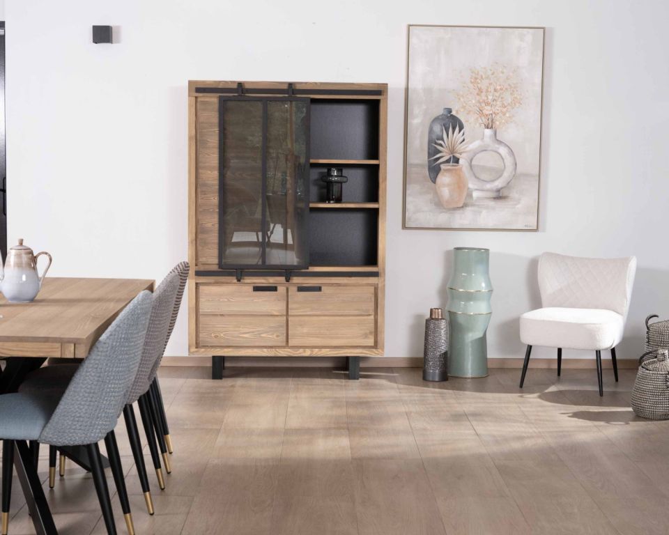 Vitrine industrielle en pin massif brossé et porte vitrée "Tolf" - 9795