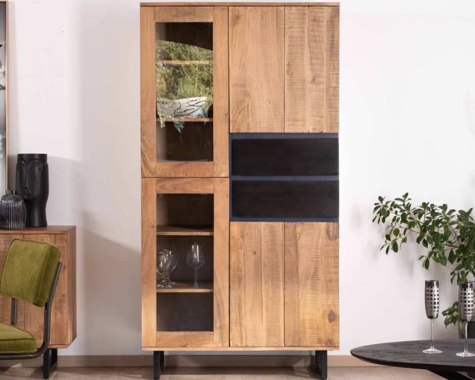 Vaisselier contemporain en acacia et tiroirs noirs "Bennett" - 9682