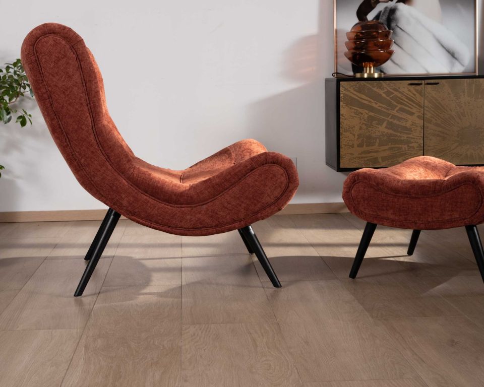 Fauteuil relax en tissu terracotta effet velours + pouf "Caspe" - 9834
